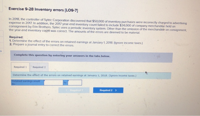Solved Exercise 9-28 Inventory errors [LO9-7 In 2018, the | Chegg.com