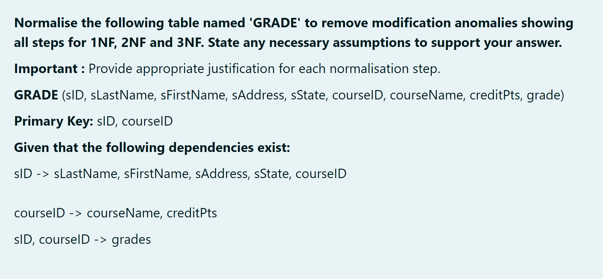 Solved Normalise the following table named 'GRADE' to remove | Chegg.com