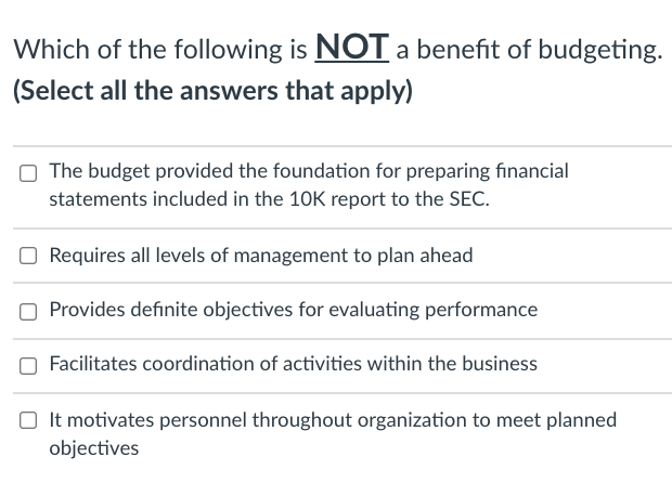 Solved Which of the following is NOT a benefit of budgeting. | Chegg.com