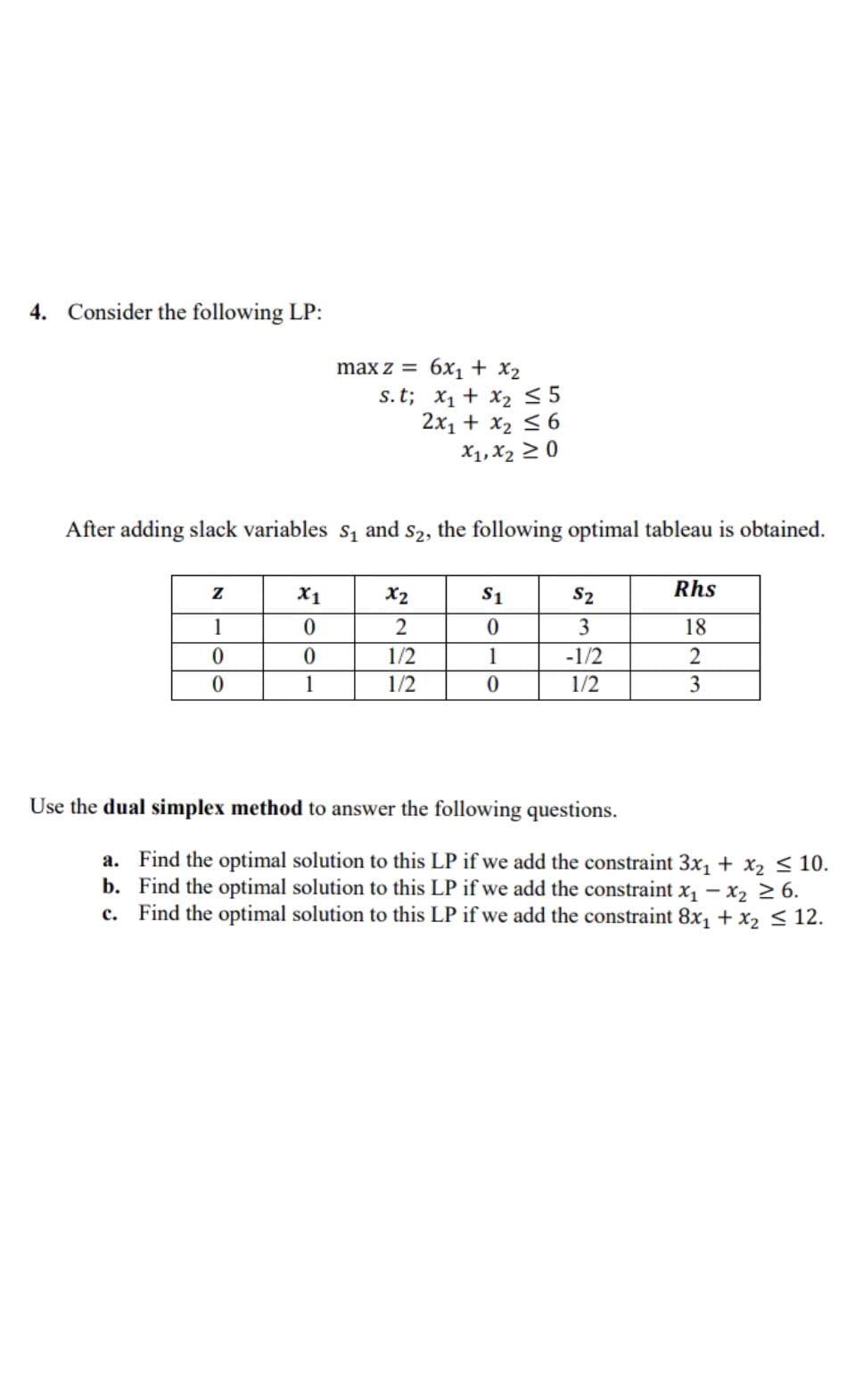 Solved 4. Consider the following LP: max z = 6x1 + x2 s.t; | Chegg.com