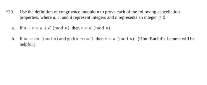Solved "20. Use the definition of congruence modulo n to | Chegg.com