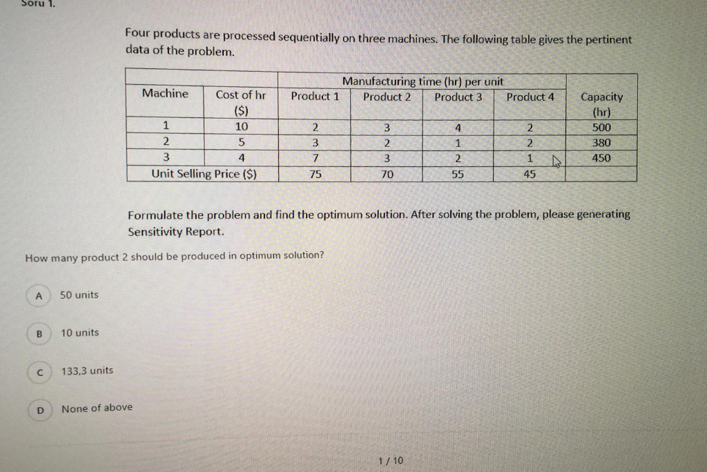 Solved Soru 1. Four products are processed sequentially on | Chegg.com