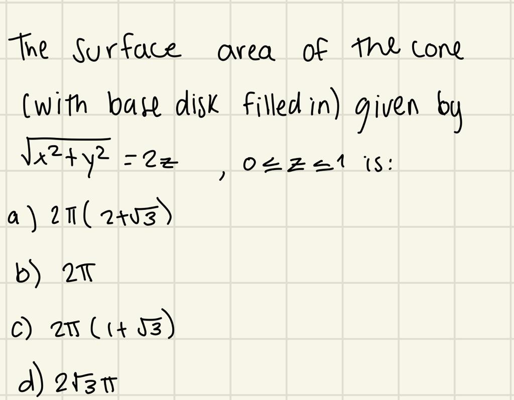Solved The surface area of the cone(with base disk filled | Chegg.com
