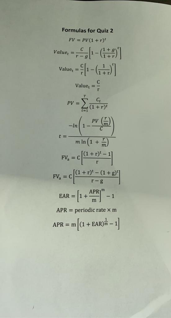 Solved Formulas for Quiz 2 FV = PV(1 + r) Value = T- | Chegg.com