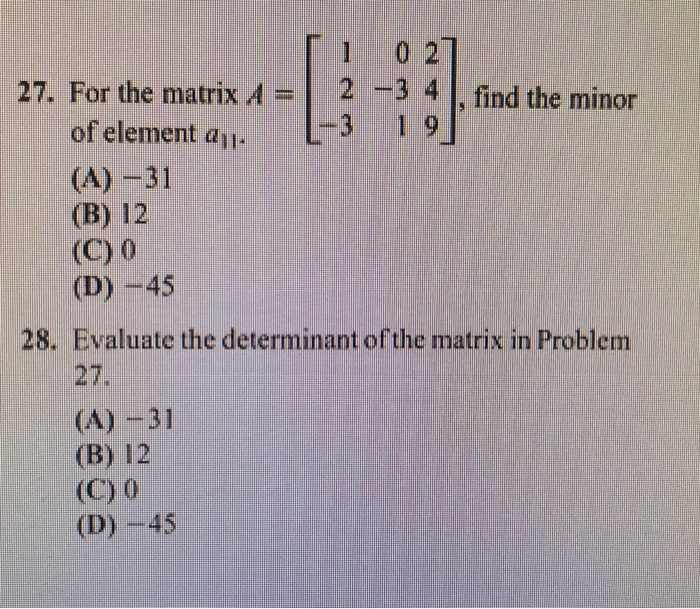 Solved 1 0 21 27. For the matrix A-| | 2-3 4、find the minor | Chegg.com