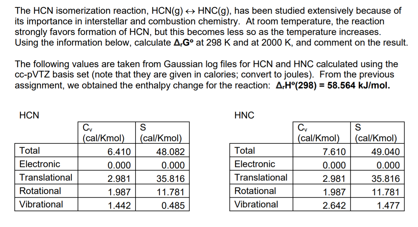 Solved The HCN isomerization reaction, HCN(g) + HNC(g), has | Chegg.com