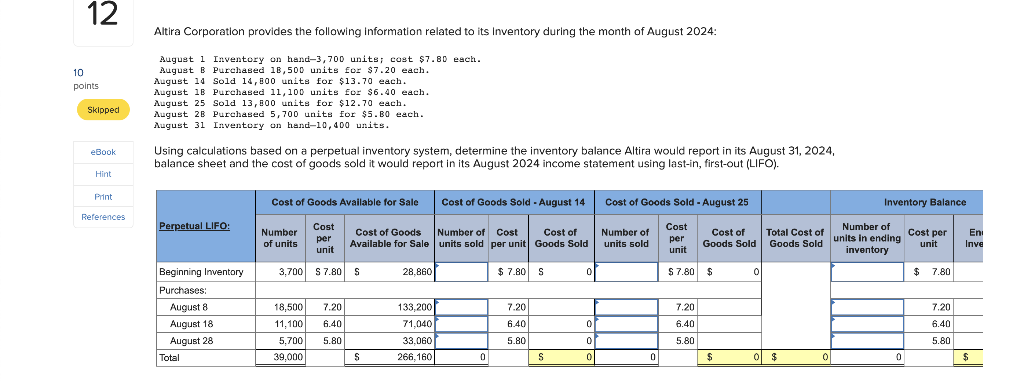 Solved Altira Corporation provides the following information | Chegg.com