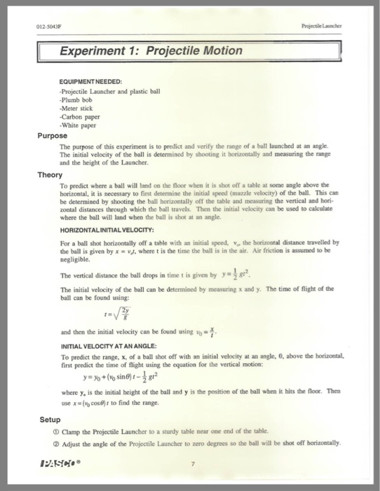 Solved Experiment 1: Projectile Motion I'm | Chegg.com
