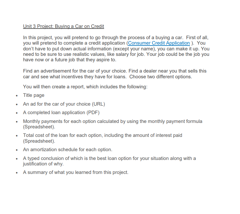 Solved Unit 3 Project: Buying a Car on Credit In this | Chegg.com