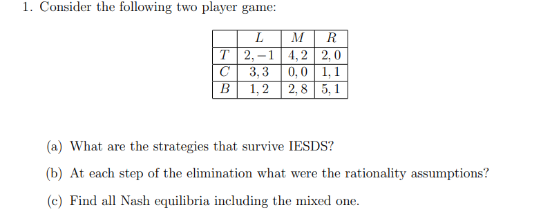 Solved 1. Consider the following two player game: (a) What | Chegg.com