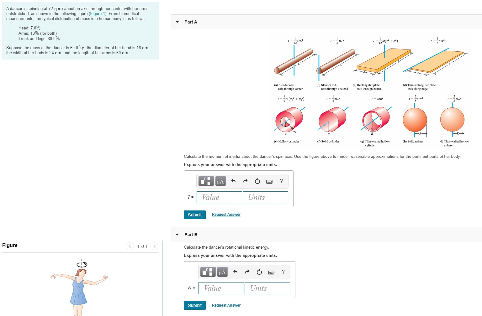 Solved A dancer is spinning at 72 rpm about an axis through | Chegg.com