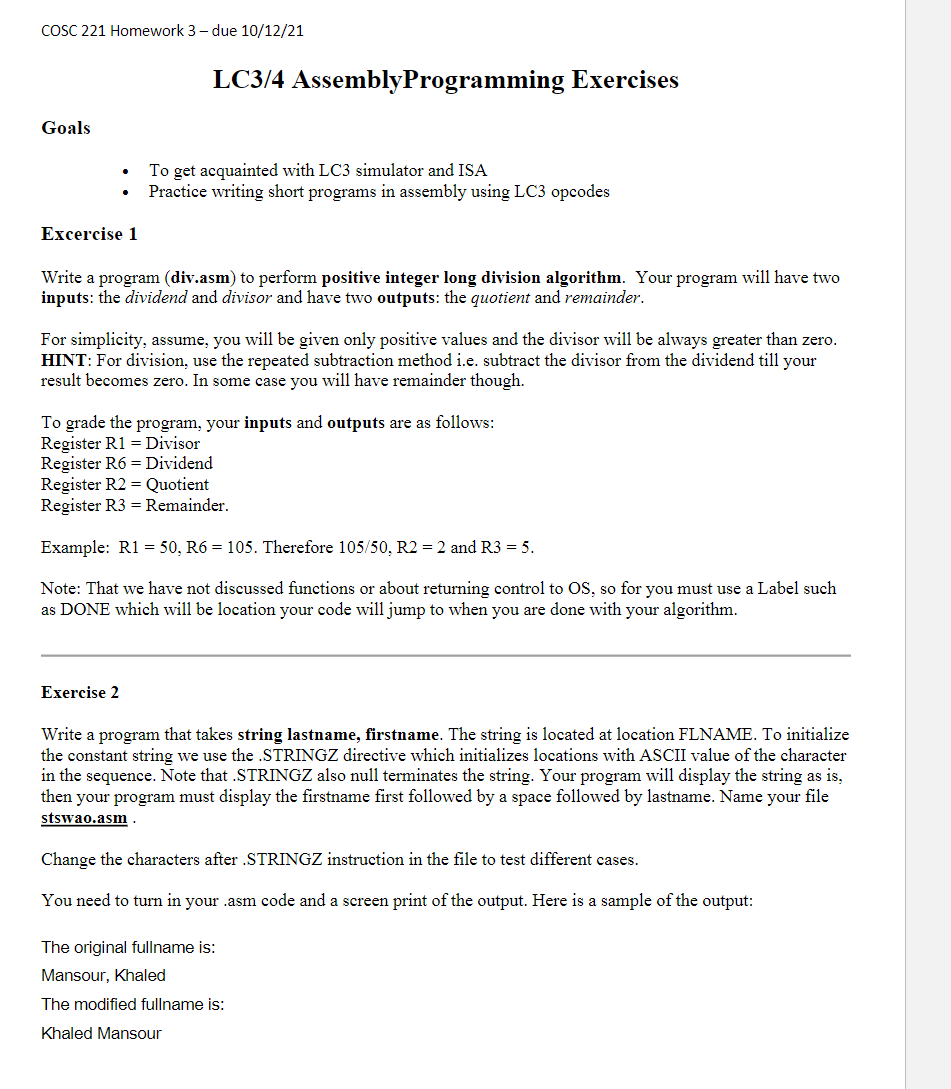 Solved COSC 221 Homework 3-due 10/12/21 LC3/4 | Chegg.com
