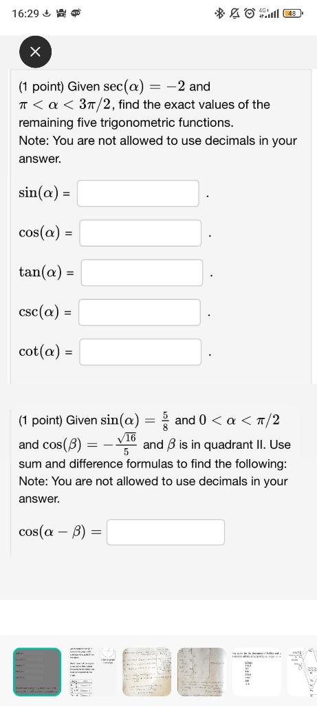 Solved (1 point) Given sec(α)=−2 and π