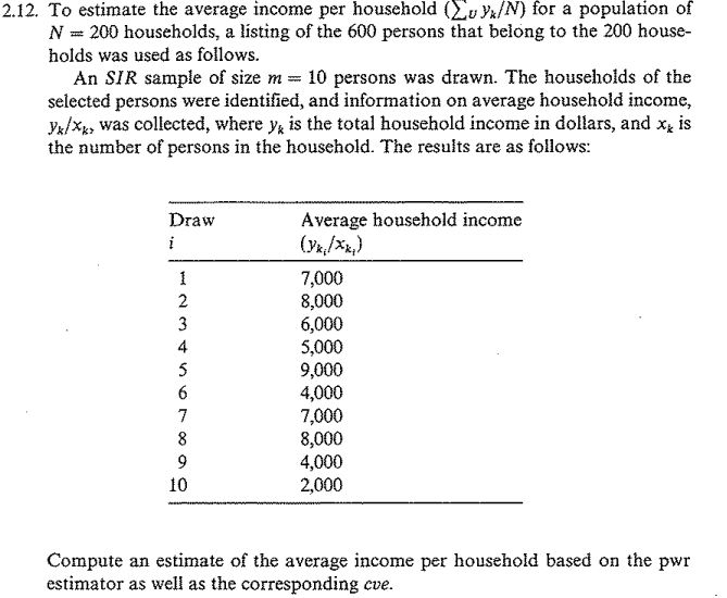 Solved 2.12. To estimate the average income per household | Chegg.com