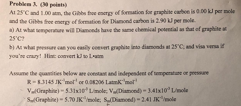 Solved Problem 3. (30 points) At25 C and 1.00 atm, the Gibbs | Chegg.com