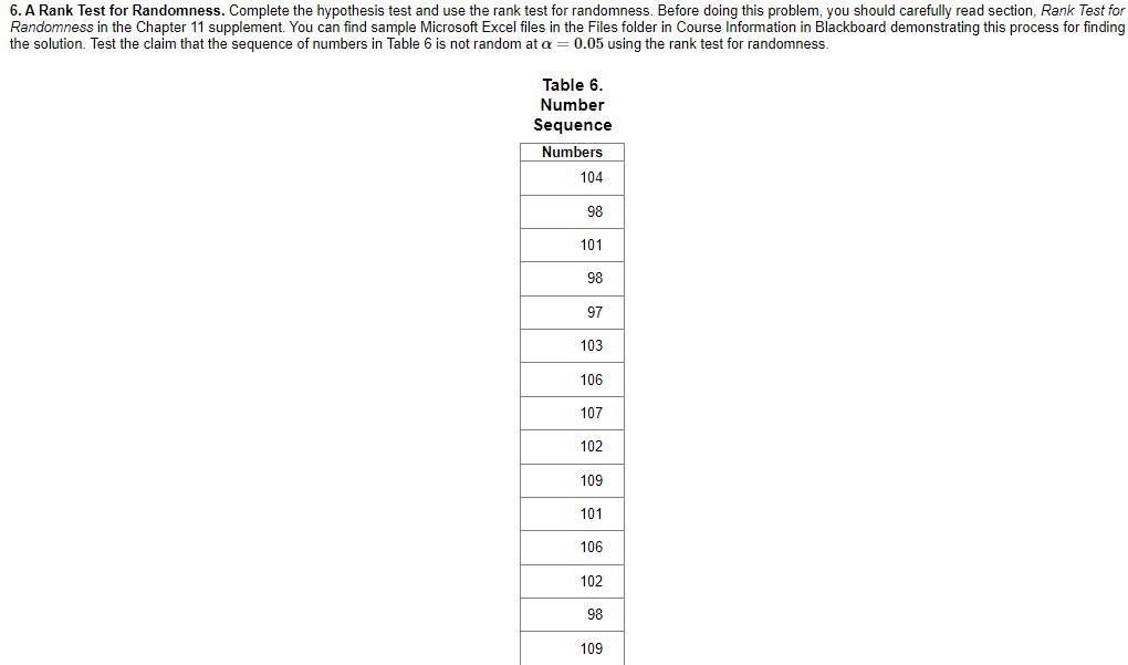 Solved A Rank Test for Randomness. Complete the hypothesis | Chegg.com