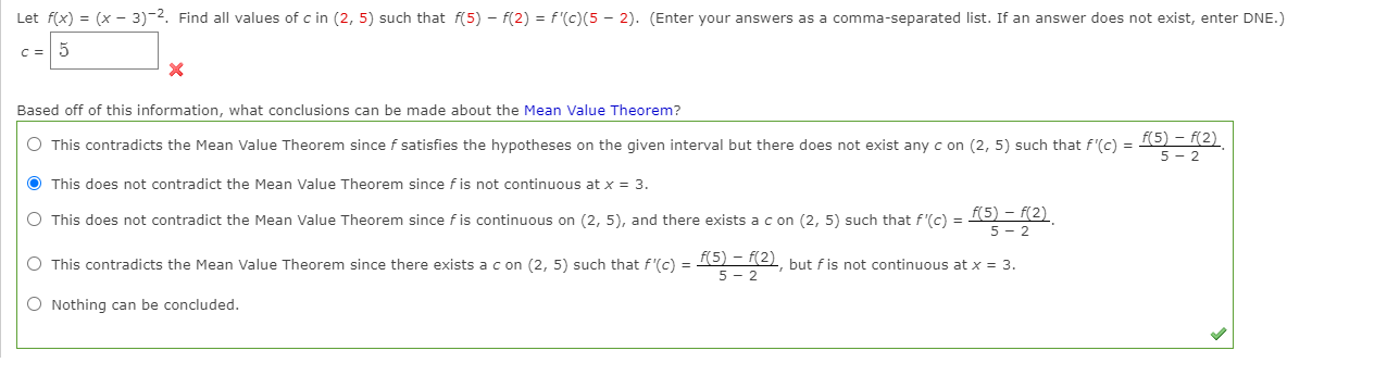 Solved Let f(x) = (x - 3)-2. Find all values of c in (2, 5) | Chegg.com