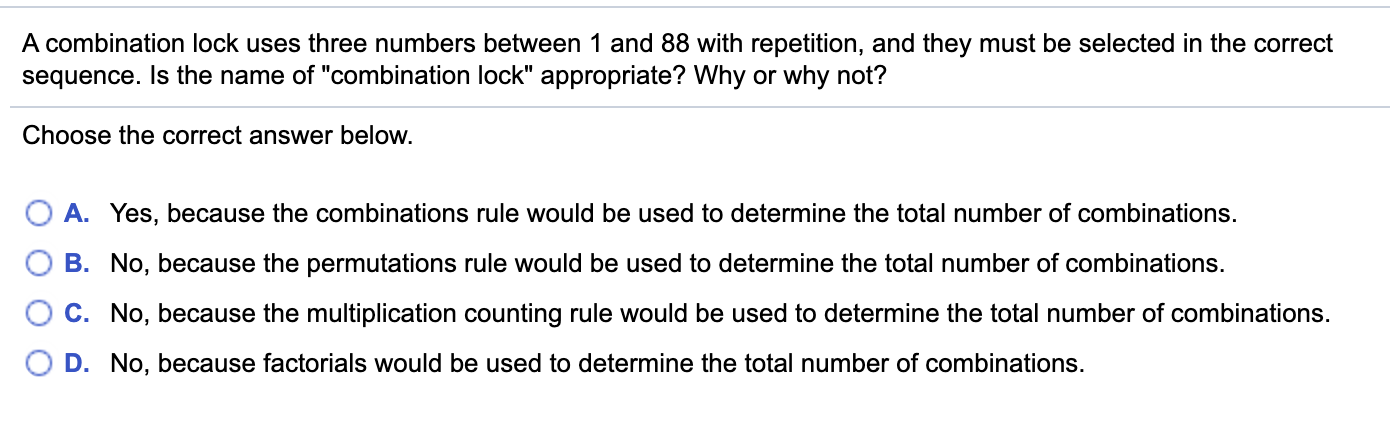 Solved A combination lock uses three numbers between 1 and | Chegg.com