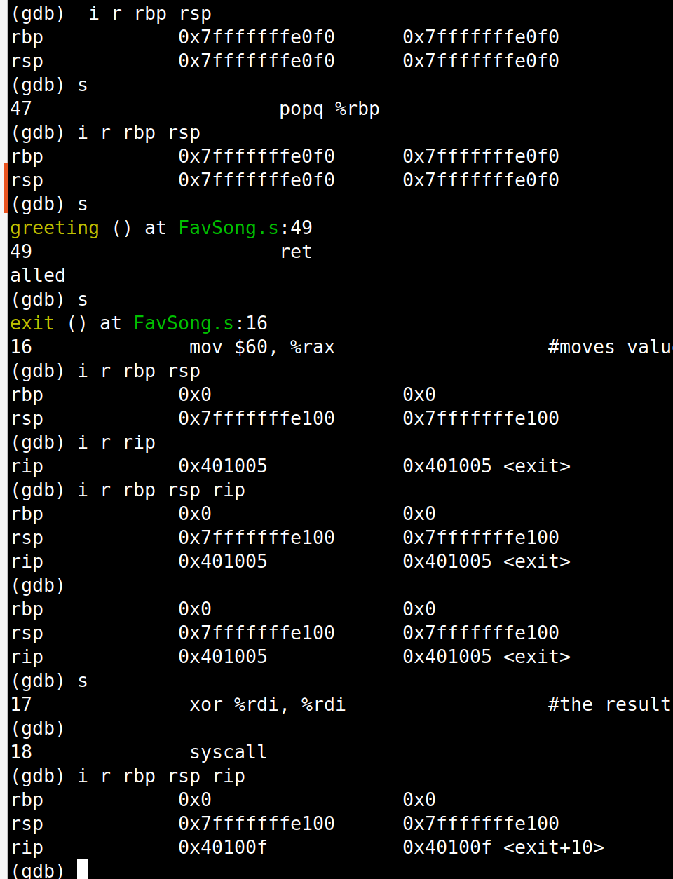 Use gdb to show the specific rbp, rsp, and rip values | Chegg.com