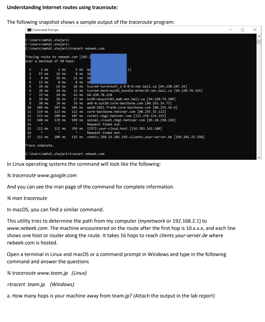 Solved Understanding Internet Routes Using Traceroute The