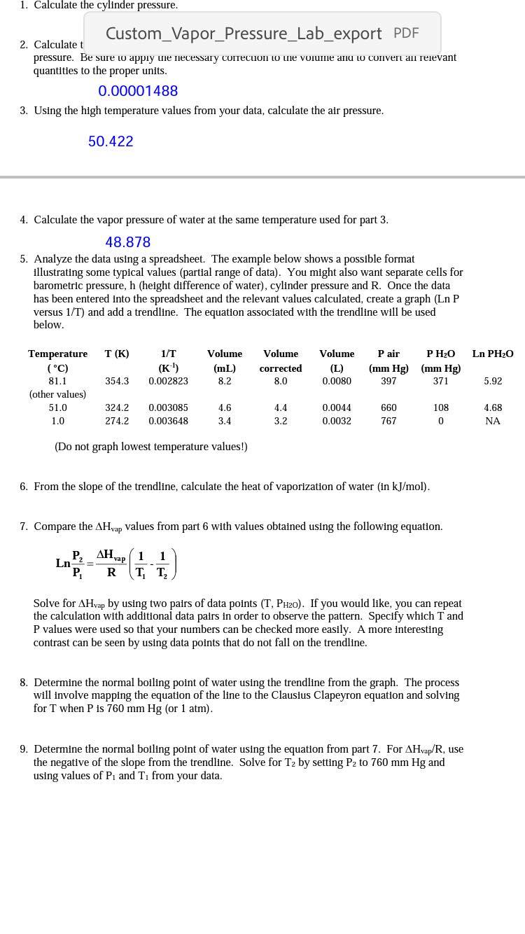 Solved vapor pressure and enthalpy of vaporization lab I am | Chegg.com