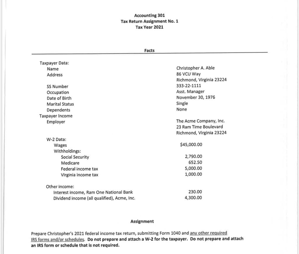 Accounting 301 Tax Return Assignment No. 1 Tax Year | Chegg.com