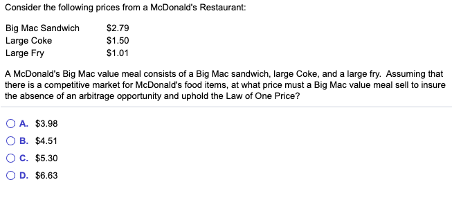 Solved Consider the following prices from a McDonald's | Chegg.com