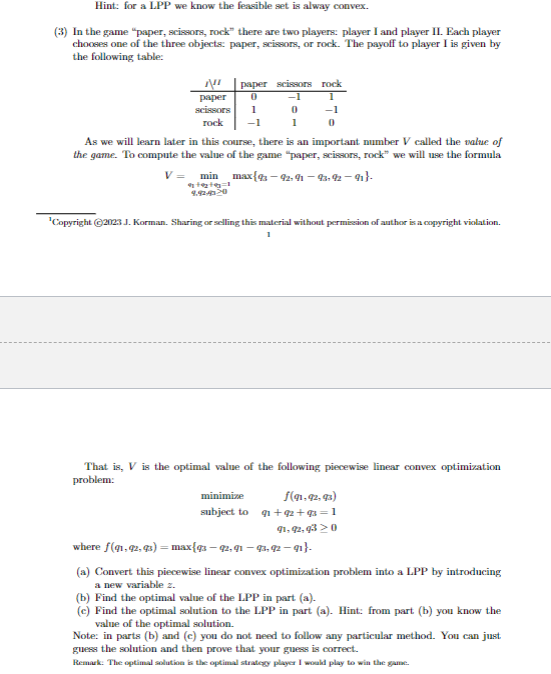 Solved (3) In the game "paper, scissors, rock" there are two | Chegg.com