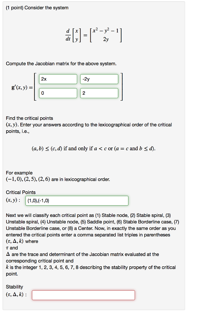 Solved (1 point) Consider the system 2y Compute the Jacobian | Chegg.com