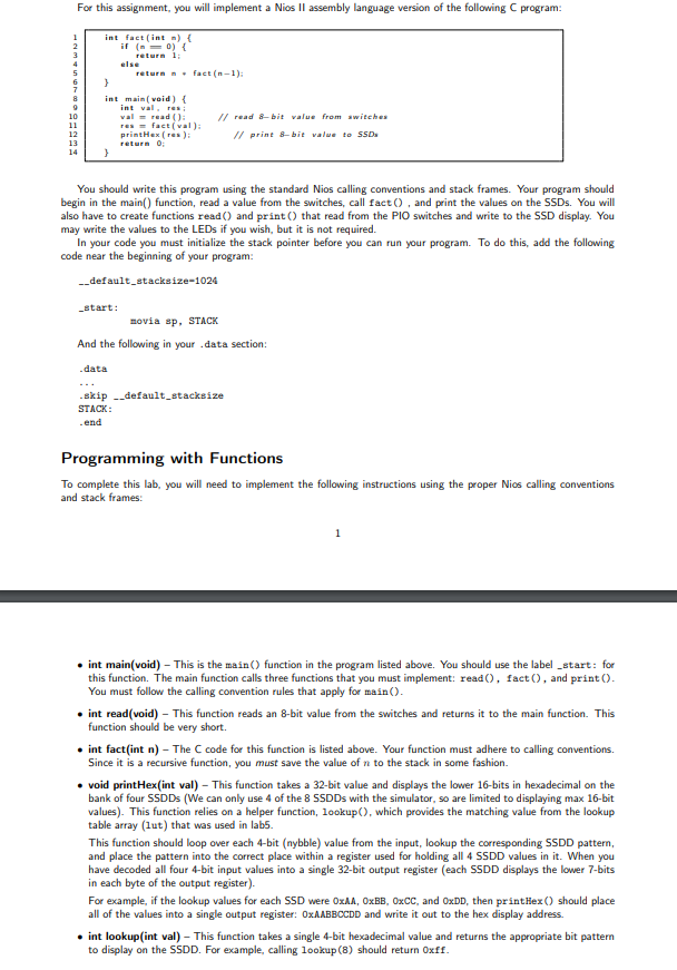 For this assignment, you will implement a Nios Il | Chegg.com