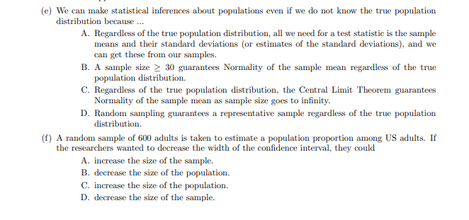Solved (e) We can make statistical inferences about | Chegg.com