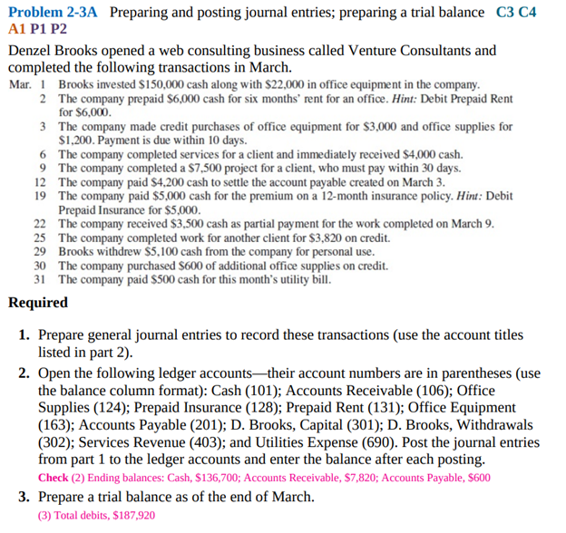 Solved Problem 2-3A Preparing and posting journal entries; | Chegg.com