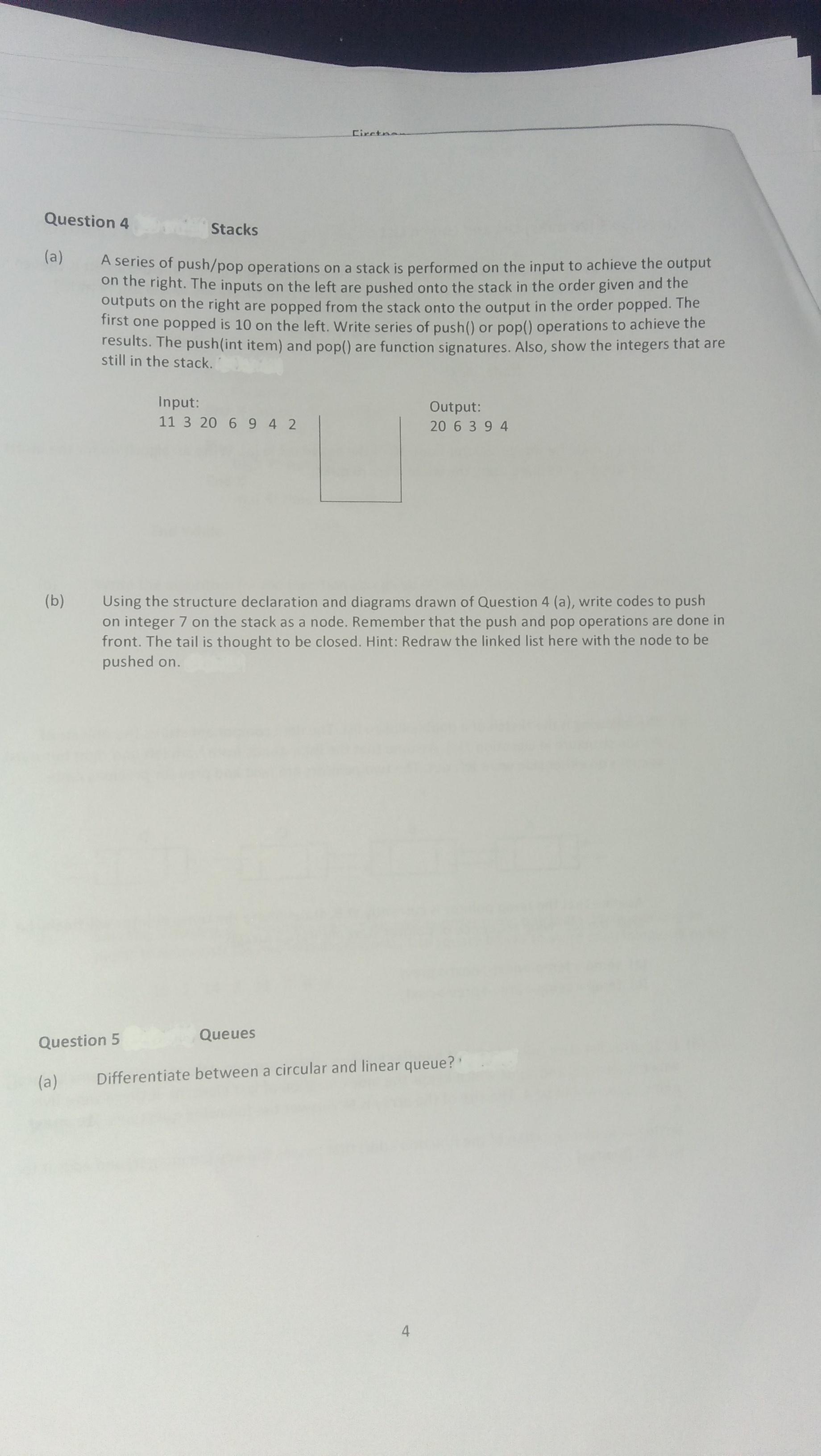 Solved (a) A series of push/pop operations on a stack is | Chegg.com