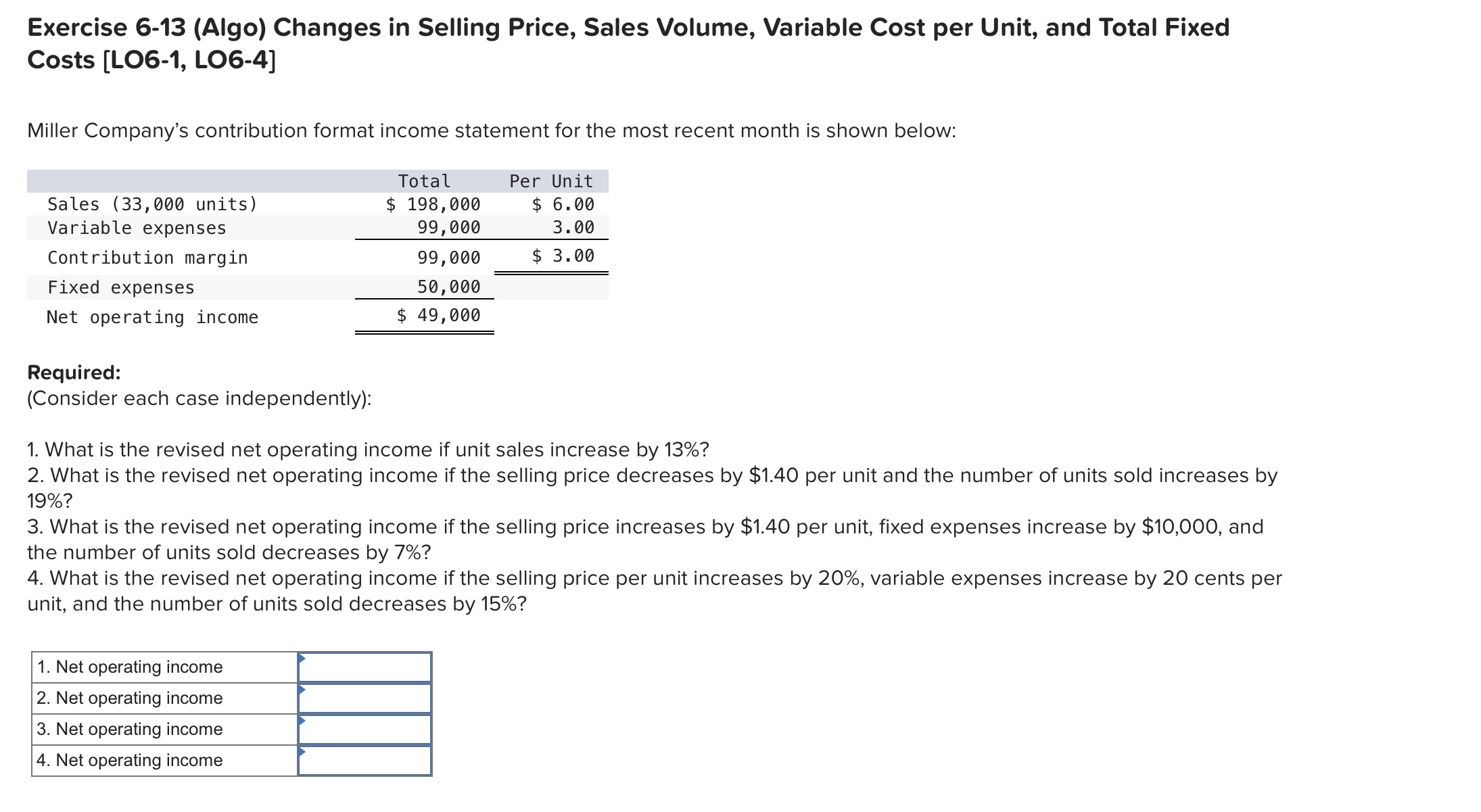 Solved Exercise 6-13 (Algo) Changes in Selling Price, Sales | Chegg.com