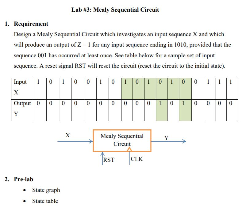 Solved Lab 3 Mealy Sequential Circuit 1 Requirement 