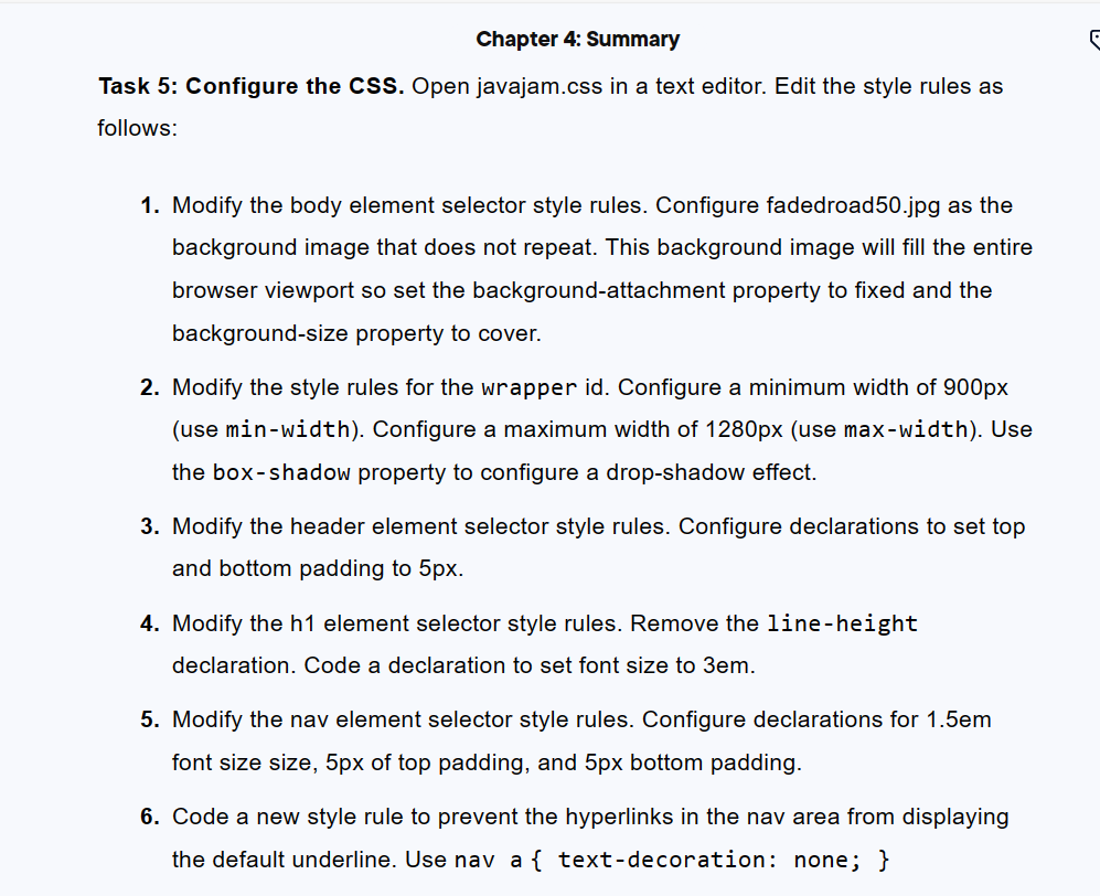 Solved Task 5: Configure the CSS. Open javajam.css in a text | Chegg.com