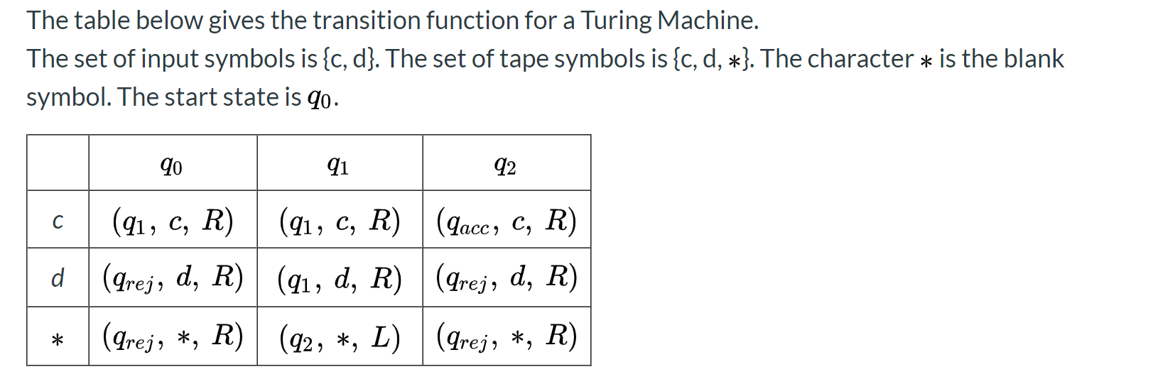 Solved The table below gives the transition function for a | Chegg.com
