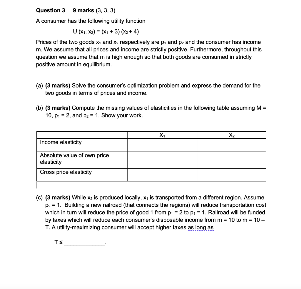 Solved A consumer has the following utility function | Chegg.com