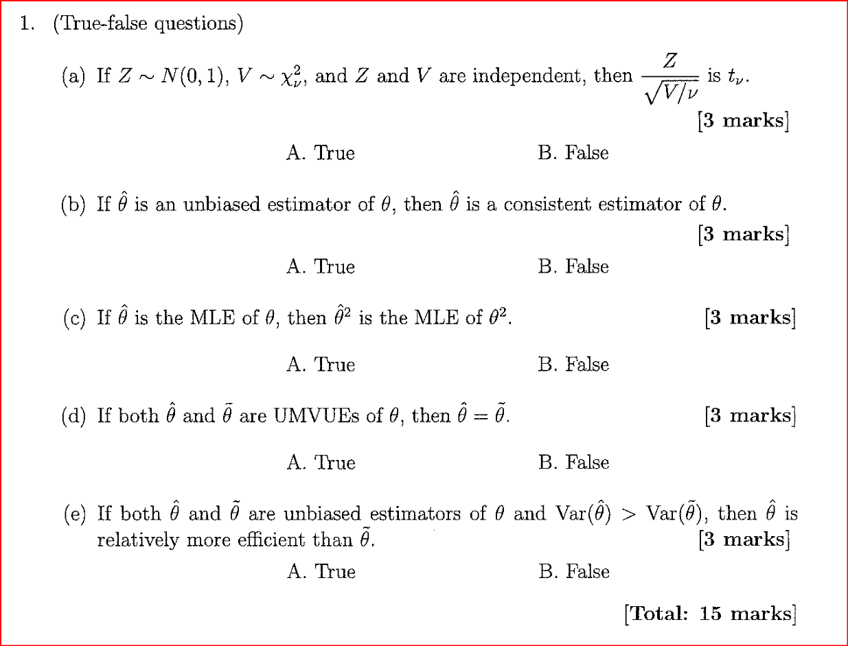 Solved (True-false questions) (a) If Z∼N(0,1),V∼χν2, and Z | Chegg.com