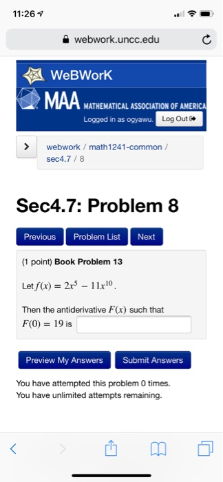 Solved 11:26 el 을 webwork.uncc.edu WeBWorK MAA MATHEMATICAL | Chegg.com
