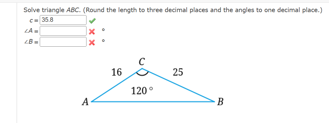 Solve triangle ABC. (Round ﻿the length to ﻿three | Chegg.com