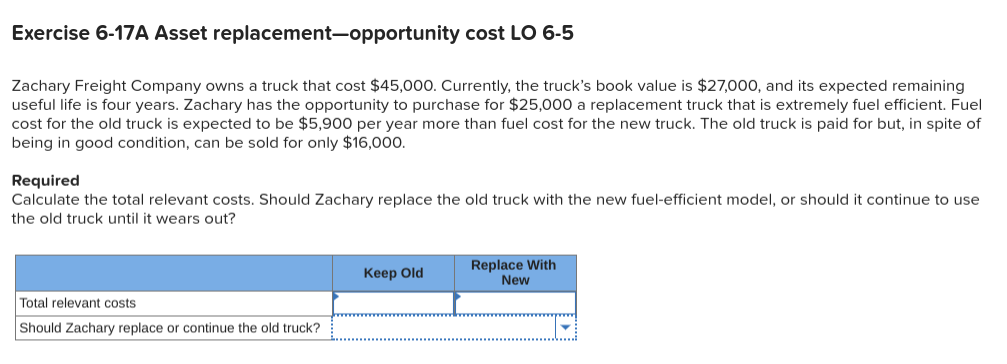 Solved Exercise 6-17A Asset replacement-opportunity cost LO | Chegg.com Solved Exercise 6-17A Asset replacement-opportunity cost LO | Chegg.com