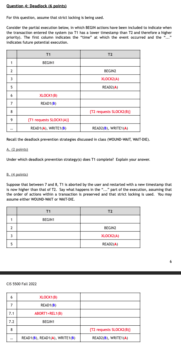 Solved Question 4: Deadlock (6 points) For this question, | Chegg.com
