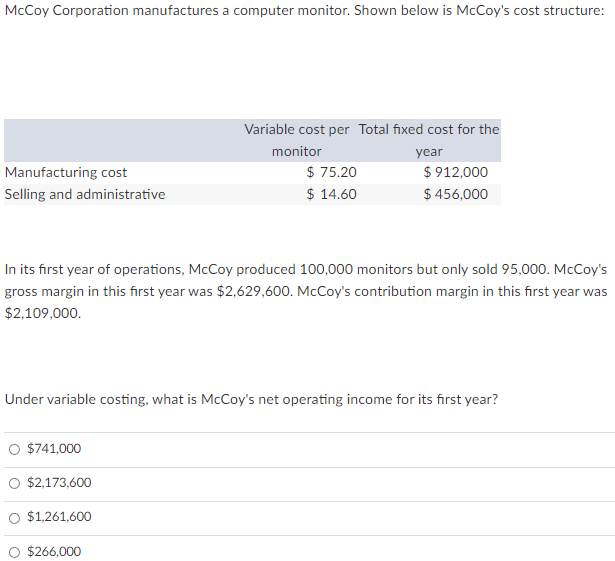 Solved McCoy Corporation manufactures a computer monitor. | Chegg.com