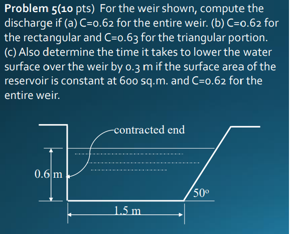 Solved For the weir shown, compute the discharge if (a) | Chegg.com