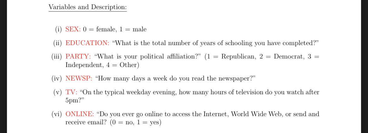Solved Variables and Description: (i) SEX: 0 = female, 1 = | Chegg.com