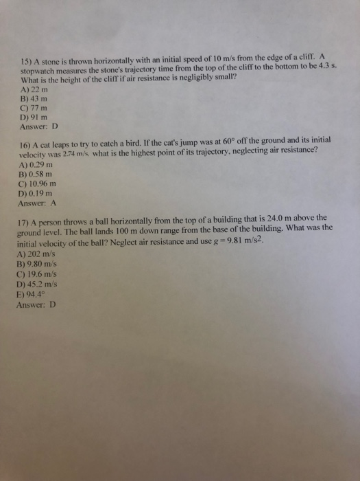 Solved 15) A stone is thrown horizontally with an initial | Chegg.com