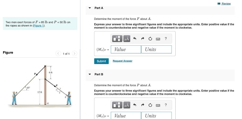 Solved Two men exert forces of F=85lb and P=50lb on | Chegg.com