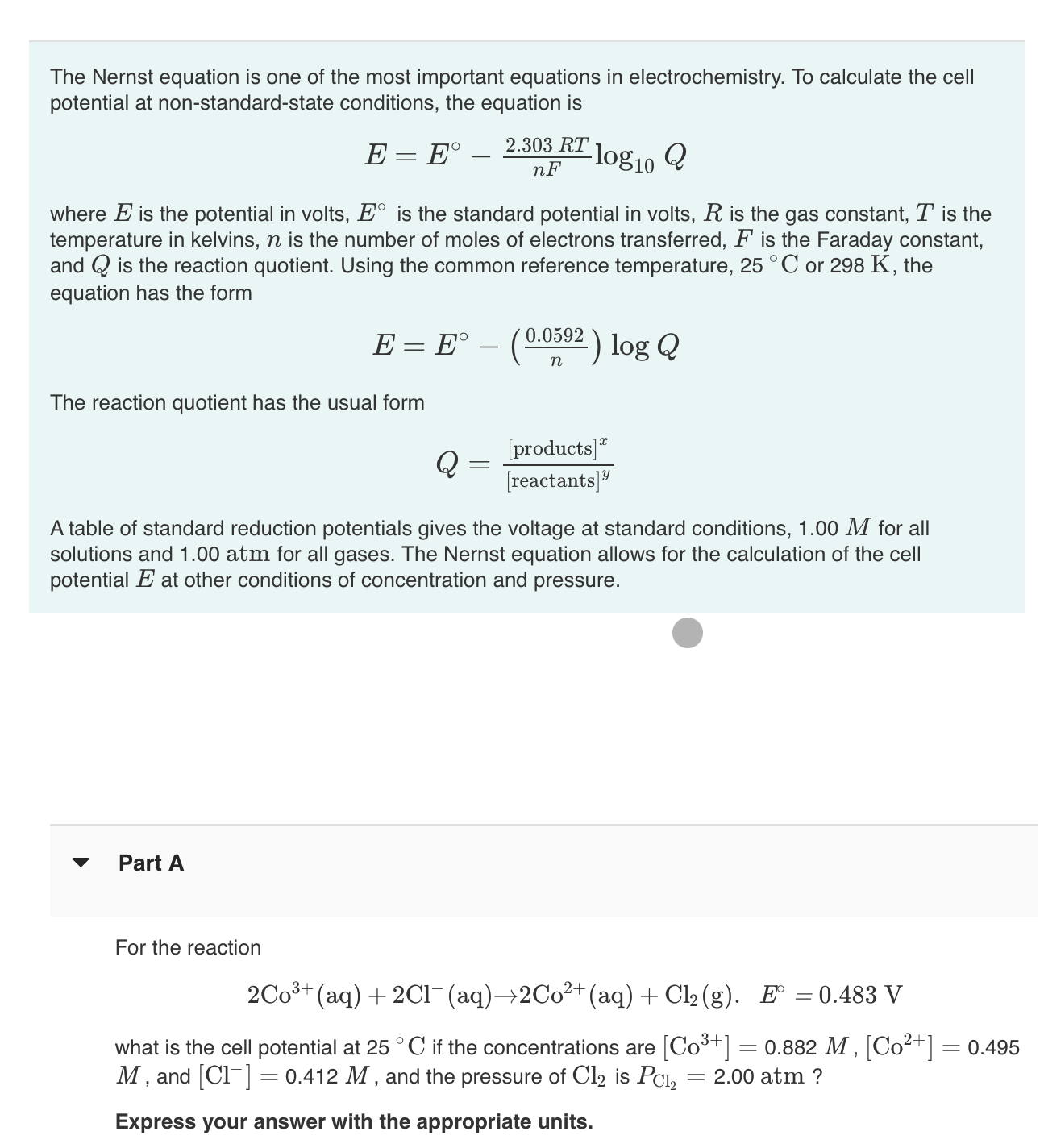 Solved The Nernst equation is one of the most important | Chegg.com