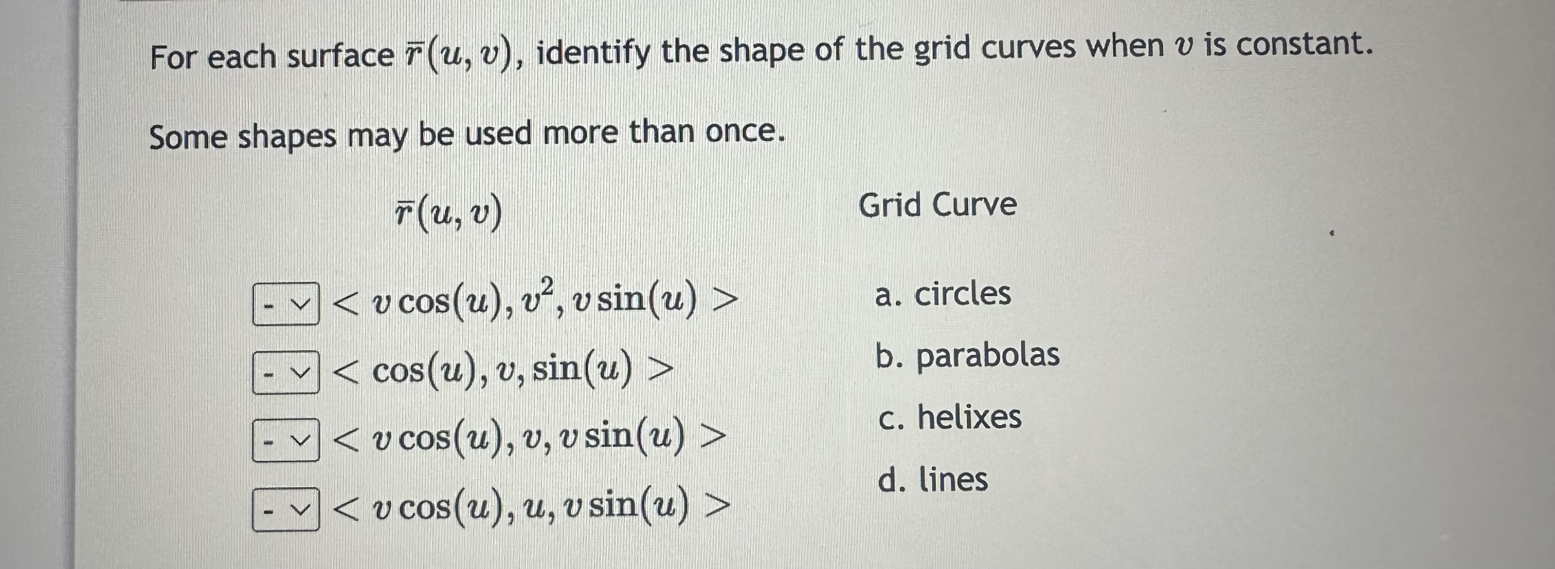 Solved For each surface ?bar (r)(u,v), ﻿identify the shape | Chegg.com